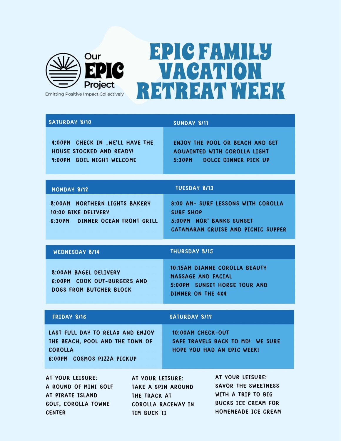 EPIC Vacation Retreat Week Schedule - Outer Banks Community Foundation